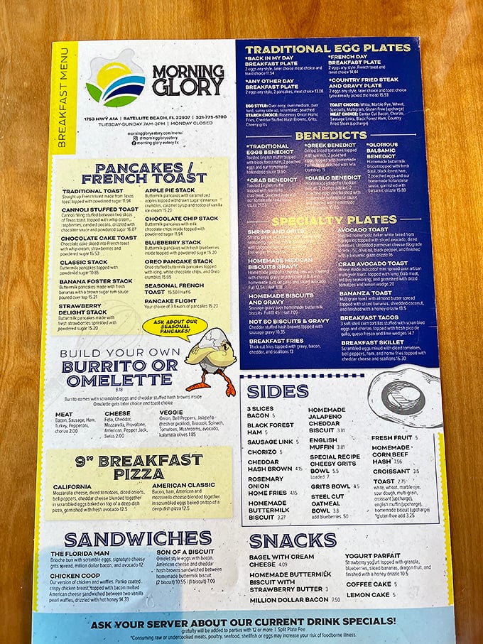 This menu isn't just a list&mdash;it's a treasure map. Each section promises breakfast adventures from classic pancake stacks to Benedict journeys worth setting your alarm for.