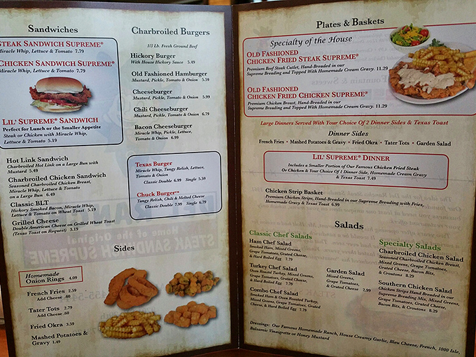 A menu that knows its purpose in life: to deliver Oklahoma comfort food without apology. The Steak Sandwich Supreme isn't just an item&mdash;it's a legacy.