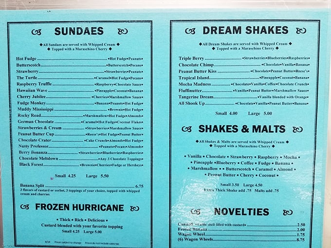 This menu isn't just a list&mdash;it's a roadmap to happiness. The "Frozen Hurricane" section alone could solve most of life's problems.