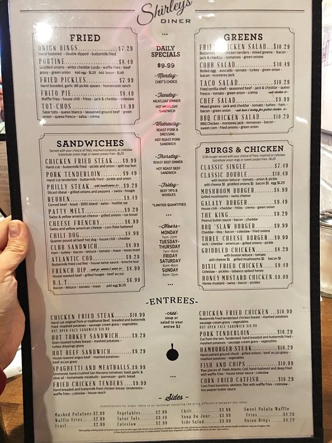 A menu that reads like a love letter to American comfort classics &ndash; notice the chicken fried steak proudly displayed as a house specialty.