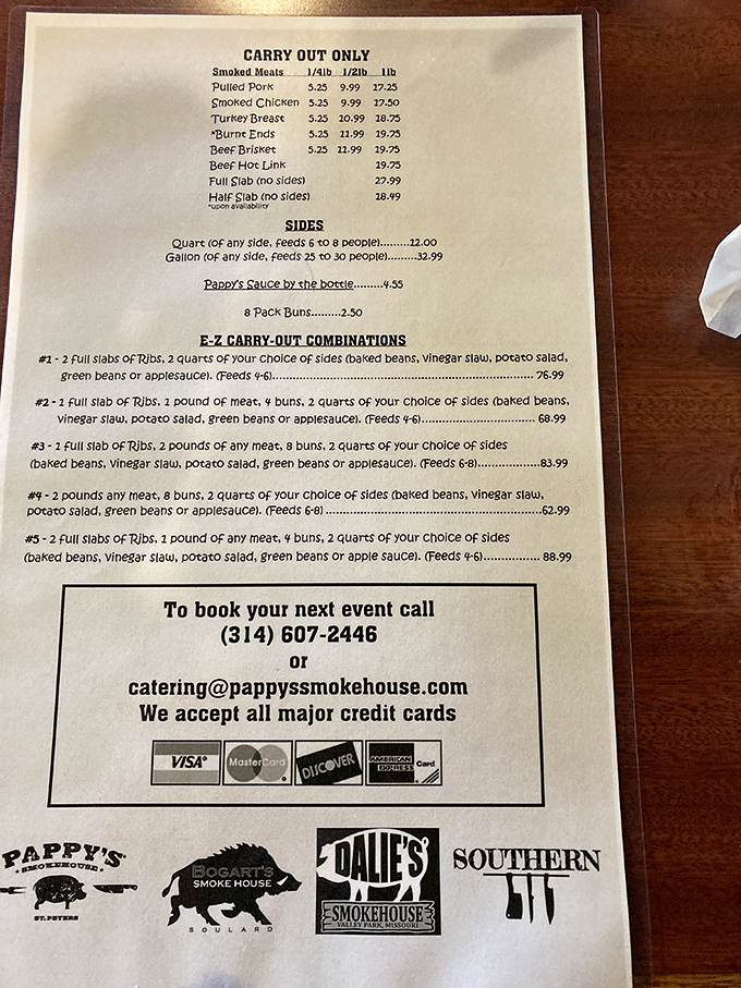 The carry-out menu might look simple, but it represents countless hours of smoking expertise and decades of barbecue tradition.