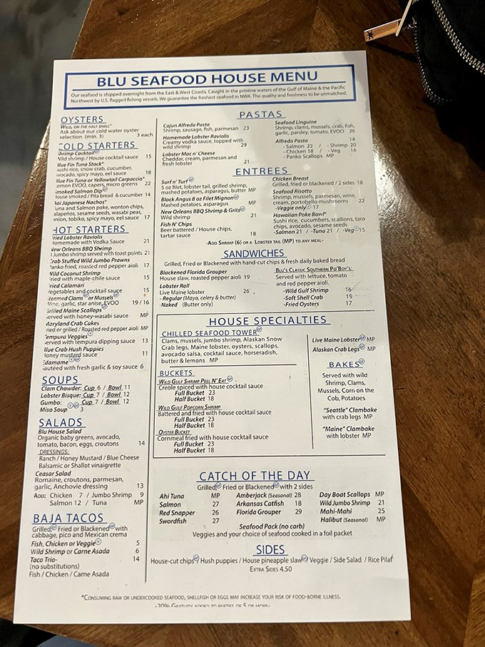 This menu reads like a love letter to the ocean. Each item promises a vacation for your taste buds, no TSA pat-down required.