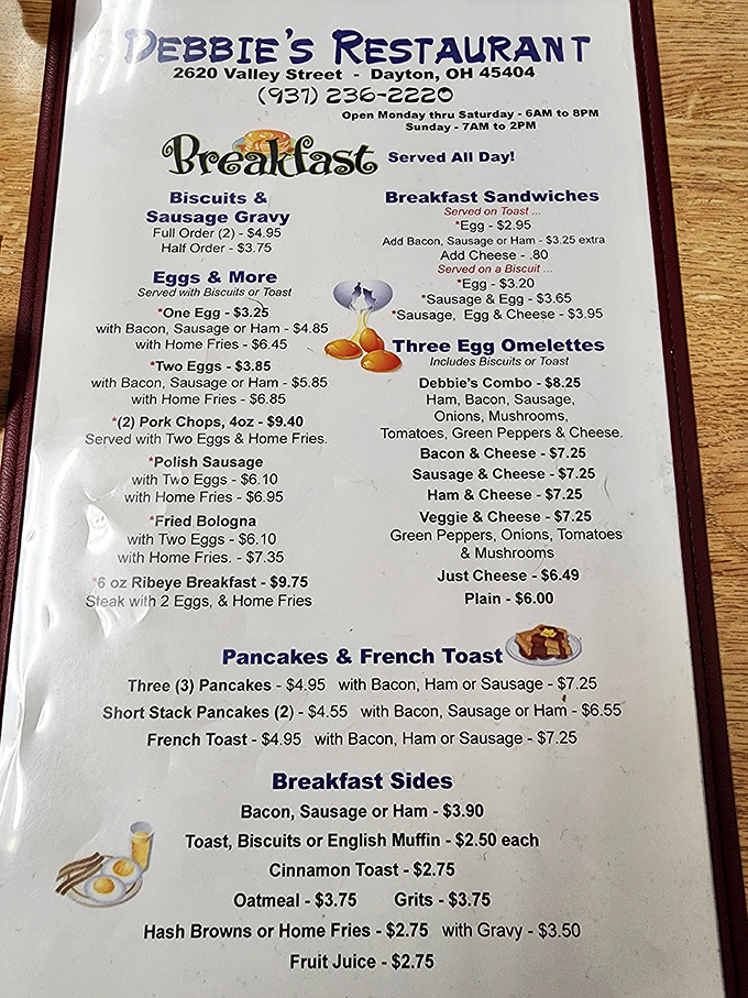 This menu isn't just a list of options&mdash;it's a roadmap to happiness where breakfast reigns supreme all day long.