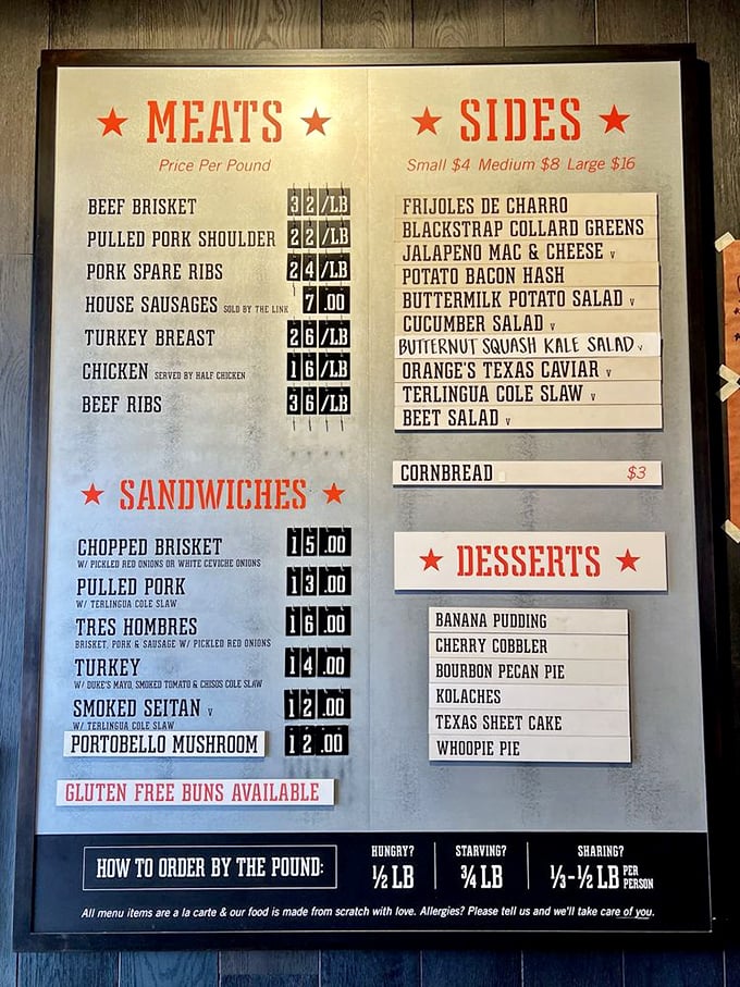 A menu board that reads like poetry to carnivores. Each price reflects hours of smoky dedication rather than mere ingredients.