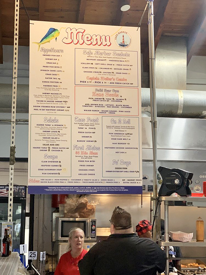 The menu board at Safe Harbor reads like a love letter to the Atlantic. No fancy fonts needed when the seafood speaks this eloquently.