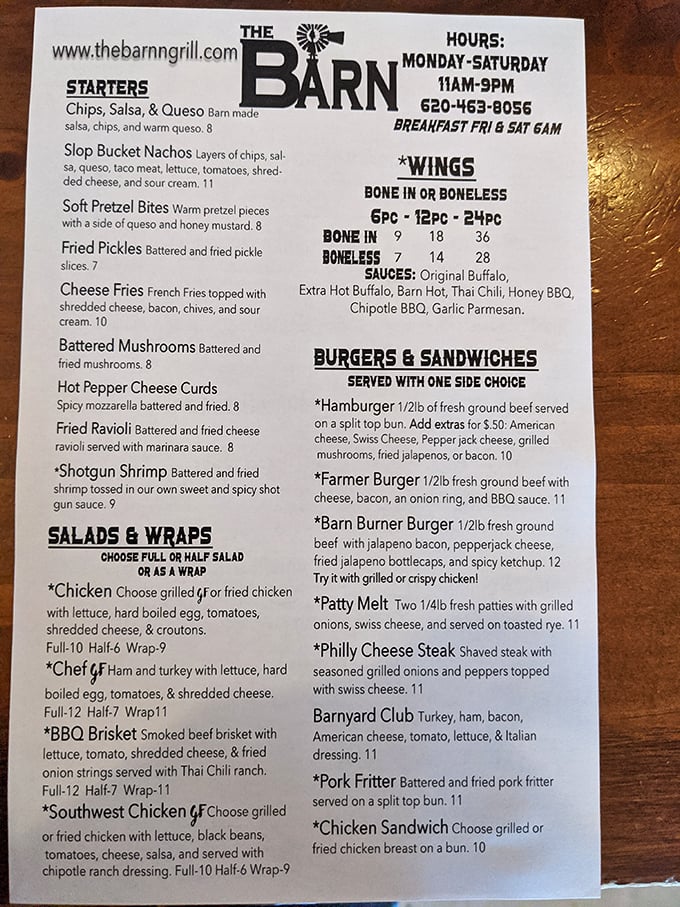 A menu that gets straight to the point. When "Slop Bucket Nachos" and "Barn Burner Burger" are on offer, you know you're in for some serious Midwest comfort.