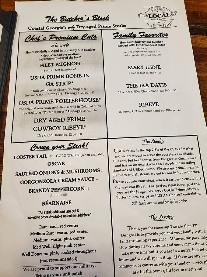 A menu that reads like poetry for meat lovers. "Dry-aged Prime Cowboy Ribeye" might be the most beautiful phrase in the English language.