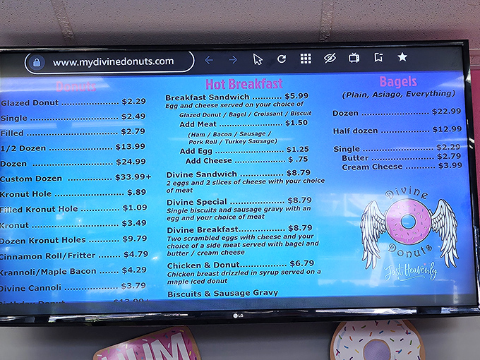 The menu board at Divine Donuts reads like poetry for the sweet-toothed. Notice how they've cleverly paired chicken with donuts&mdash;a match made in Fort Myers heaven.