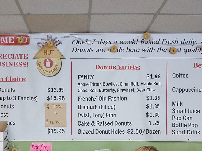 The menu board tells a story of donut democracy&mdash;where fancy fritters share space with humble donut holes, and everyone leaves happy.