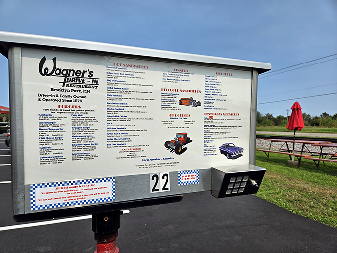 This menu board tells a delicious story&mdash;car-themed sections for burgers and sides make ordering feel like choosing options on a classic American automobile.