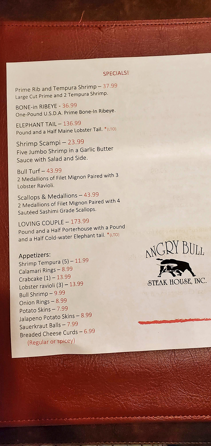 A menu that reads like poetry to meat lovers. The "Loving Couple" might be the most romantic 3 pounds of protein ever conceived.