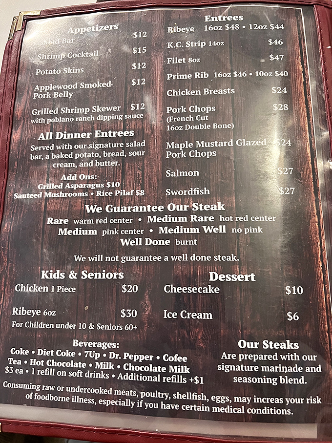 A menu that doesn't mince words. Note the refreshingly honest "We will not guarantee a well done steak"—my kind of culinary integrity!