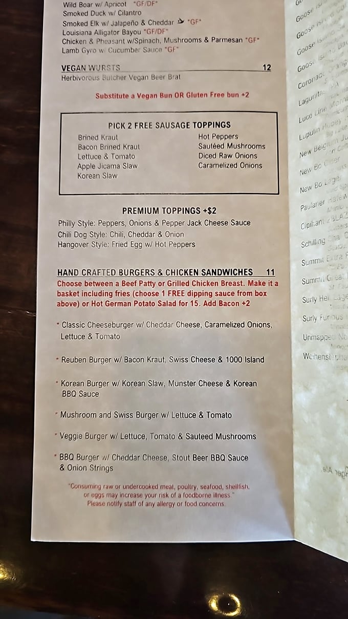 This menu reads like a passport to sausage paradise – wild boar with apricot? Louisiana alligator? My stomach just booked a flight.