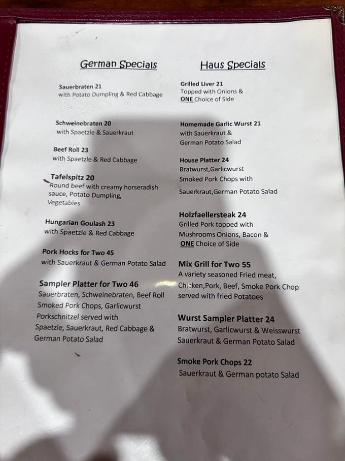 A menu that reads like a love letter to German cuisine. No fusion confusion here&mdash;just straightforward classics that have stood the test of time.