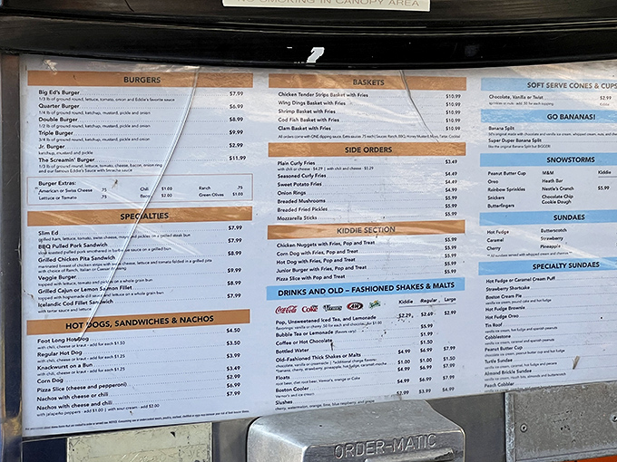 This menu isn't just a list of food&mdash;it's a roadmap to happiness. Study it like you're planning a delicious heist, with the Big Ed's Burger as your ultimate prize.