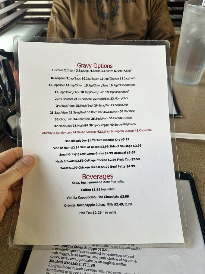 Behold the holy scripture of gravy! With over 40 varieties, this menu isn't just a list&mdash;it's a manifesto for those who believe breakfast deserves more than mere ketchup.