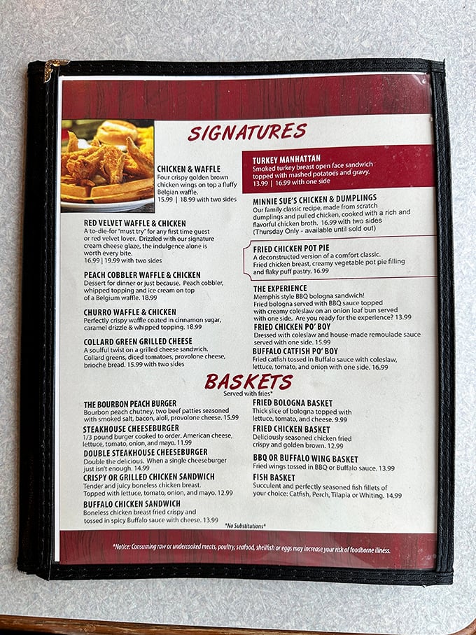 This menu isn't just reading material &ndash; it's a roadmap to happiness. Red Velvet Waffle & Chicken? Yes, please!