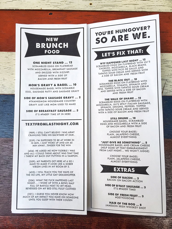 A brunch menu that understands your morning struggles with options like "Still Drunk" and "What Happened Last Night" &ndash; hangover solidarity never tasted so good.