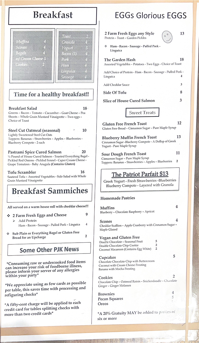 The menu reads like a love letter to breakfast, where "EGGs Glorious EGGs" isn't just a section title&mdash;it's a life philosophy.