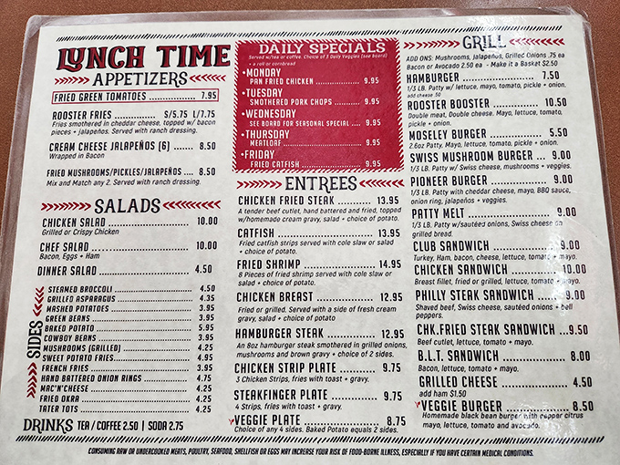 A menu that speaks the universal language of comfort food. Reading it feels like getting a hug from your favorite aunt who really knows her way around a kitchen.