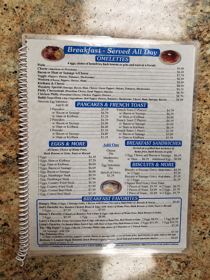 The spiral-bound menu tells you everything you need to know&mdash;breakfast served all day is never a bad idea, especially when country fried steak is involved.