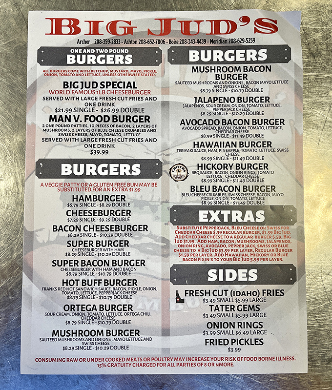 This menu isn't just a list&mdash;it's a declaration of burger independence. The Man vs. Food challenge lurks at the top, daring the brave.