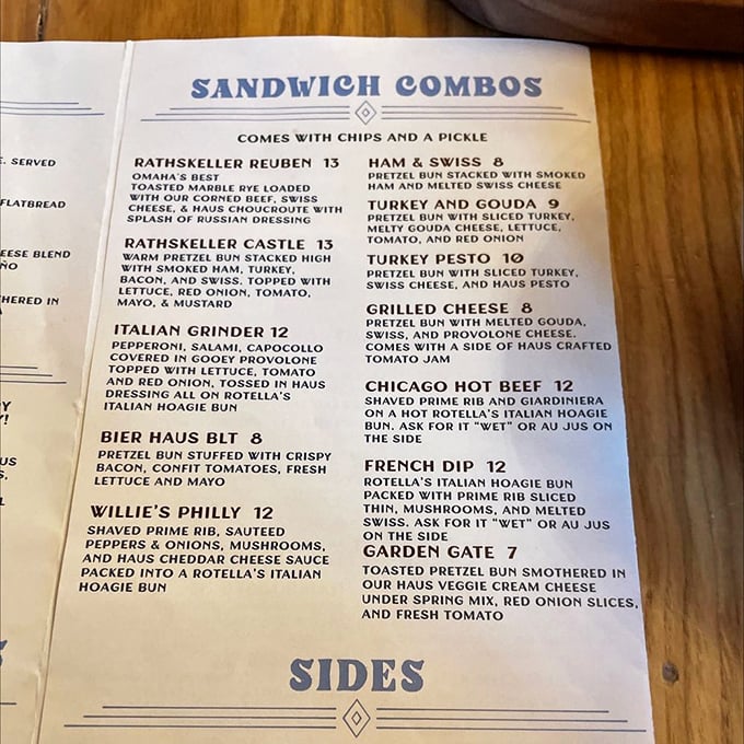 The menu reads like a love letter to German-American fusion. Each sandwich description is a promise of pretzel-wrapped happiness to come. 