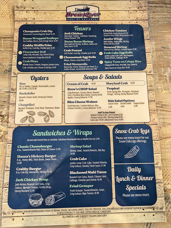 The menu reads like a love letter to Maryland's culinary heritage—where deciding between crab dip and oysters feels like Sophie's Choice for seafood lovers.