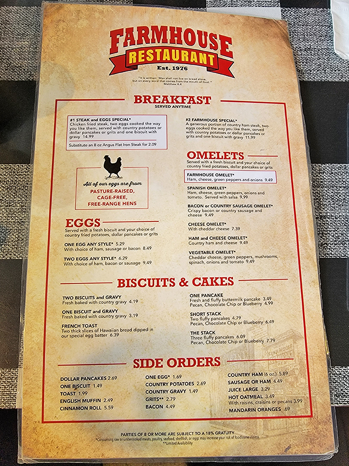 A menu that reads like a love letter to breakfast, served all day. Notice the chicken icon proudly declaring their free-range commitment.
