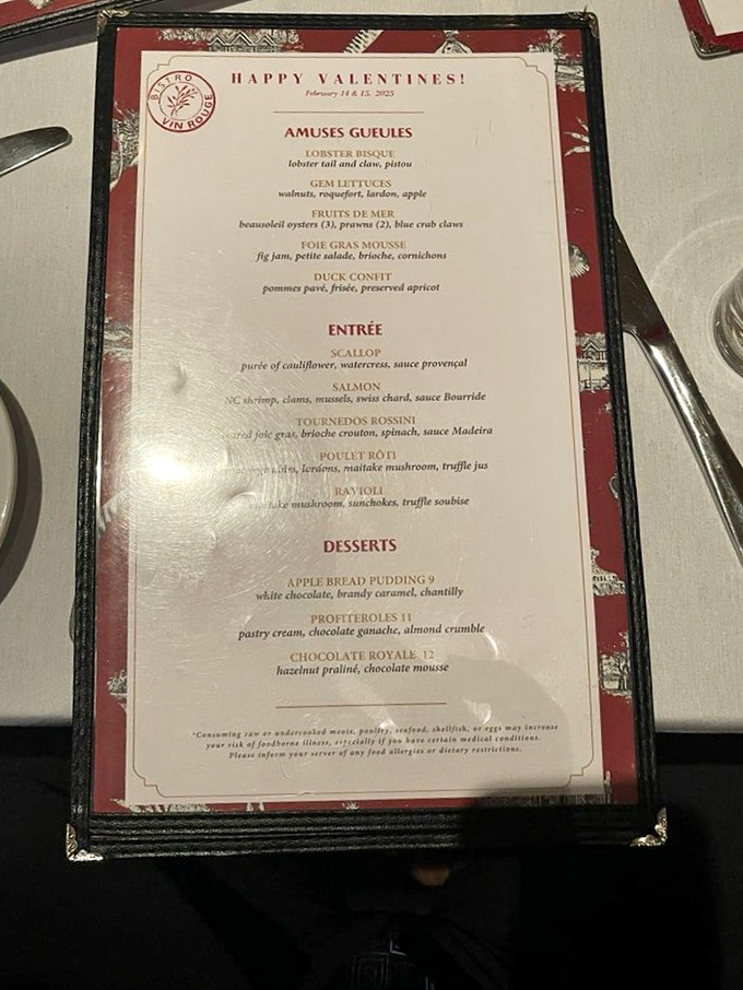 This Valentine's menu reads like a love letter to French cuisine. Duck confit and chocolate royale? Be still my beating heart!