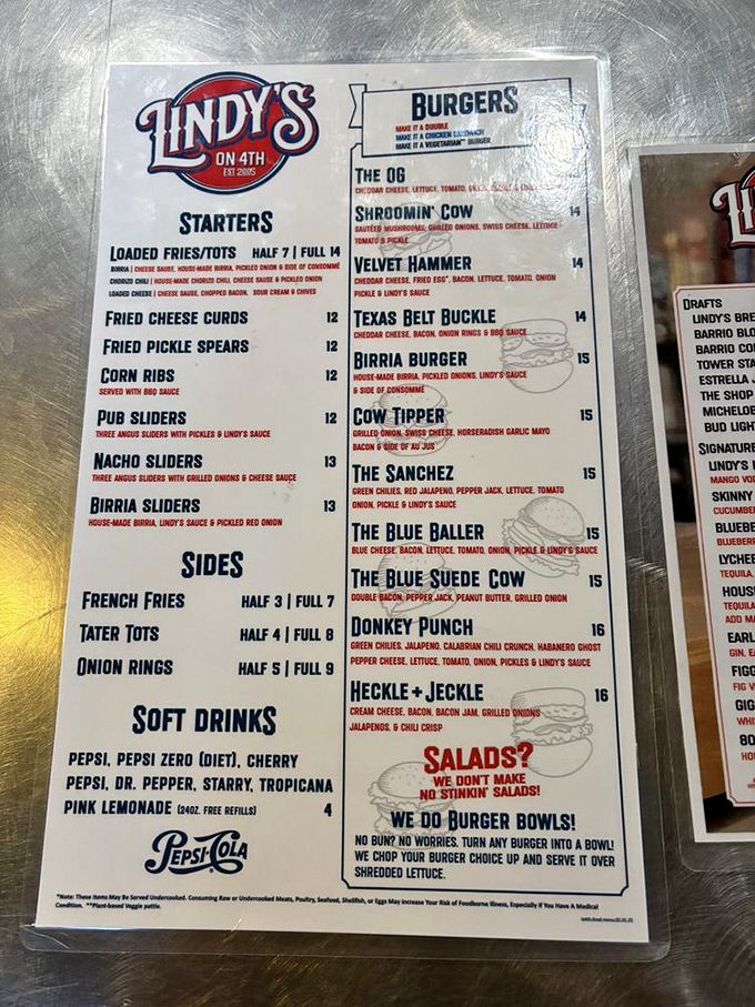 That "Salads?" section says everything you need to know about Lindy's priorities. When a menu mocks leafy greens, you know you're in the right place.