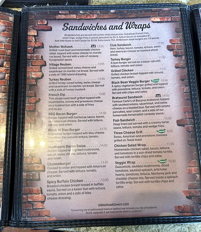 A menu that reads like a love letter to comfort food classics. The Mother Mohawk sandwich alone is worth the trip across state lines.