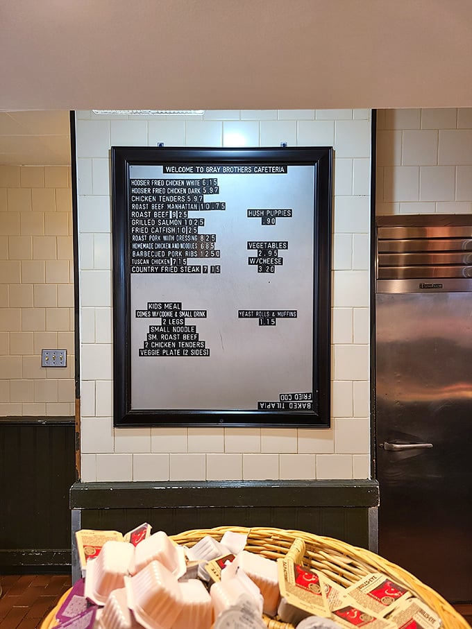 The menu board tells the story plainly &ndash; no fancy descriptions needed when the food speaks this eloquently. Hoosier fried chicken needs no introduction.