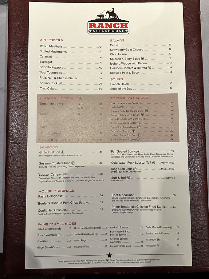 The menu reads like a love letter to carnivores, with French onion soup quietly stealing the spotlight from its more expensive neighbors.