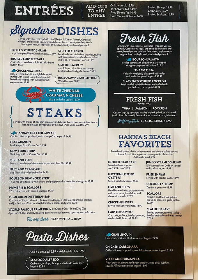 A menu that reads like a love letter to seafood and steak lovers. The World Famous Prime Rib sits proudly among royalty.