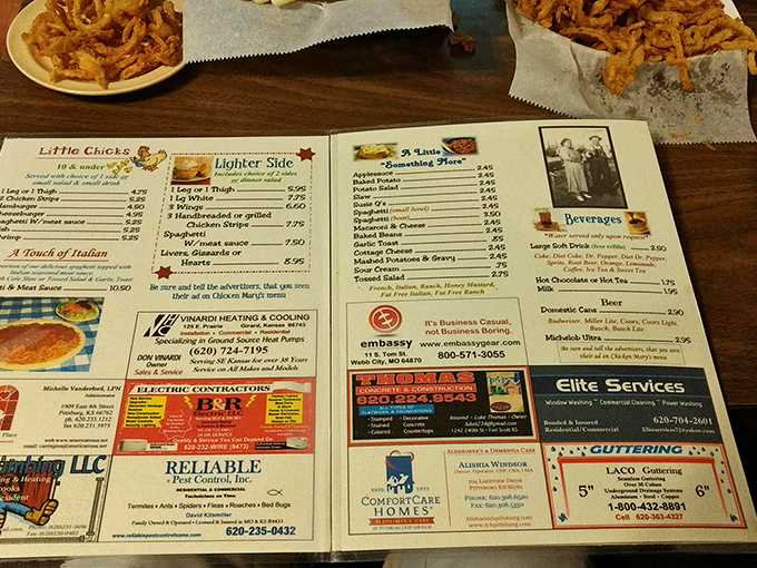 The menu doubles as local advertising real estate&mdash;where else can you contemplate chicken livers while shopping for a heating contractor?