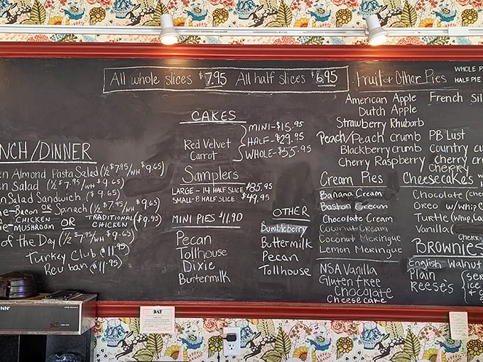This chalkboard menu isn't just a list&mdash;it's a roadmap to dessert nirvana with dozens of homemade pie varieties awaiting your decision.