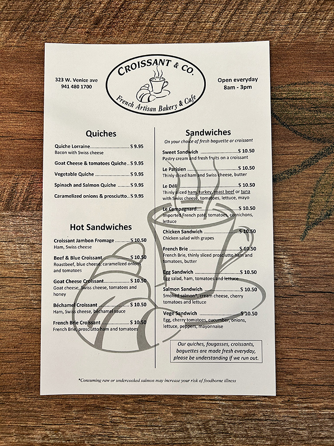 This menu isn't just a list&mdash;it's a roadmap to happiness. The quiche selection alone could make a grown person weep with joy.