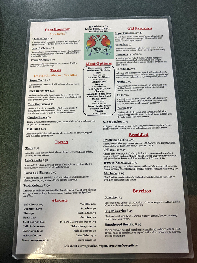 This menu reads like a love letter to Mexican cuisine. Notice how even the lamination can't contain the excitement of what's to come.