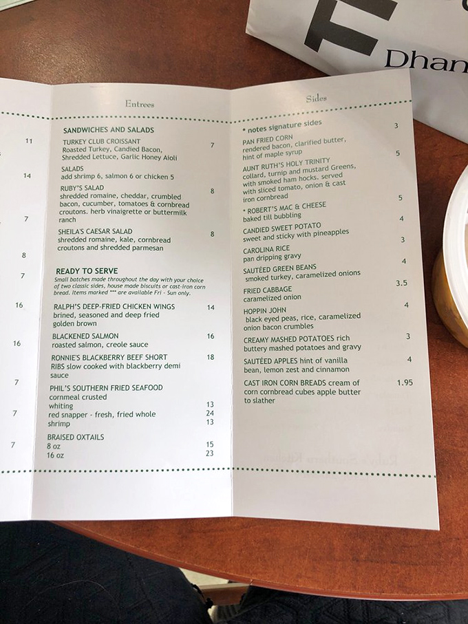 A menu that reads like a love letter to Southern cuisine. Each item promises the kind of satisfaction that makes you want to hug the chef.
