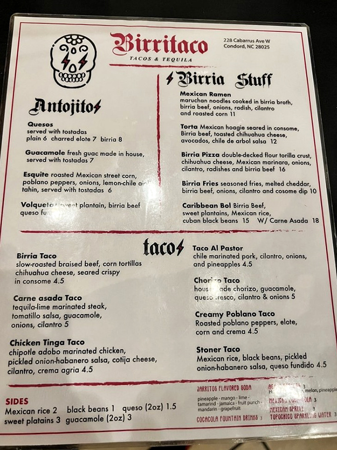 The menu reads like a love letter to Mexican street food, with birria as the star and supporting characters that deserve their own spin-offs.