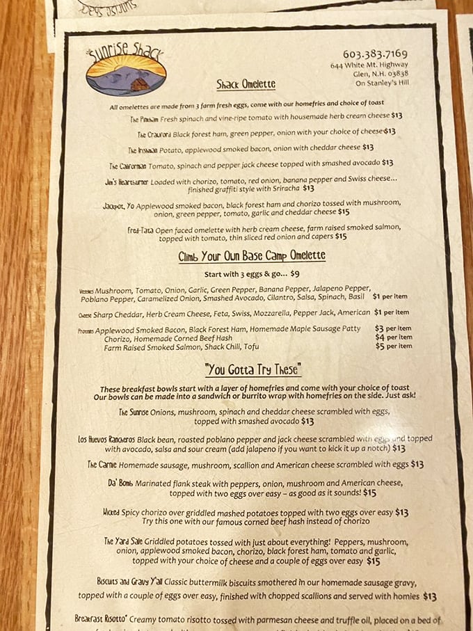 The menu reads like breakfast poetry. Each omelette name promises a story, and your stomach wants to hear every one.