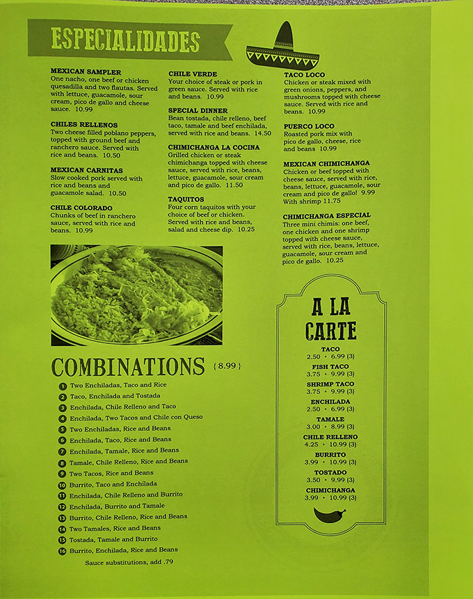 The menu reads like a love letter to Mexican cuisine, with the chimichanga section deserving its own spotlight and standing ovation.