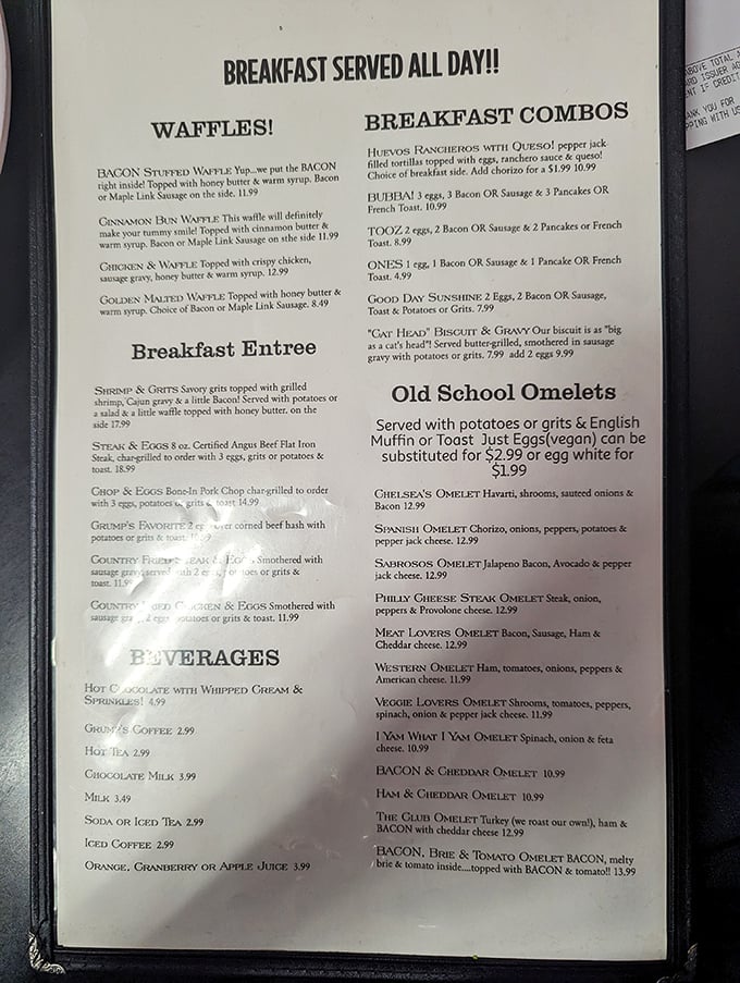 A menu that reads like a love letter to breakfast. When they say "Breakfast Served All Day," they're speaking the universal language of comfort.