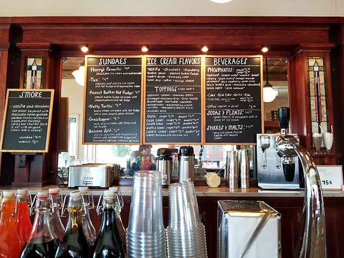 That chalkboard menu isn't just functional—it's a portal to simpler pleasures where "Harry's Favorite" sundae might just become your favorite too.