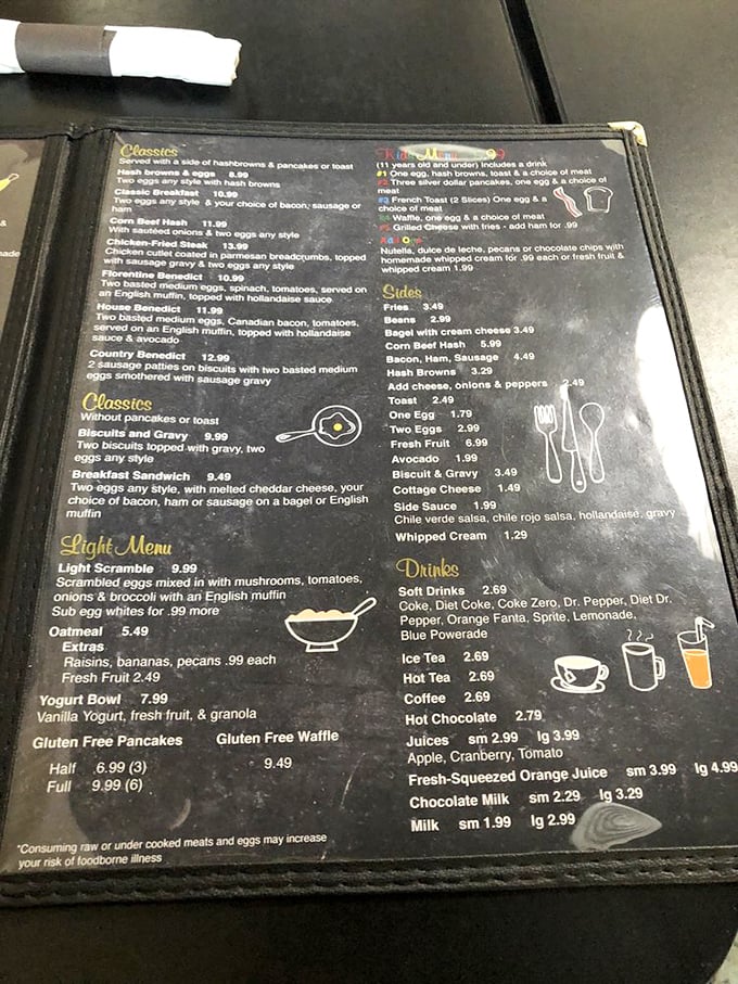 A menu that doesn't need fancy fonts or flowery descriptions. Just straightforward breakfast glory with options that'll make your morning decision delightfully difficult.