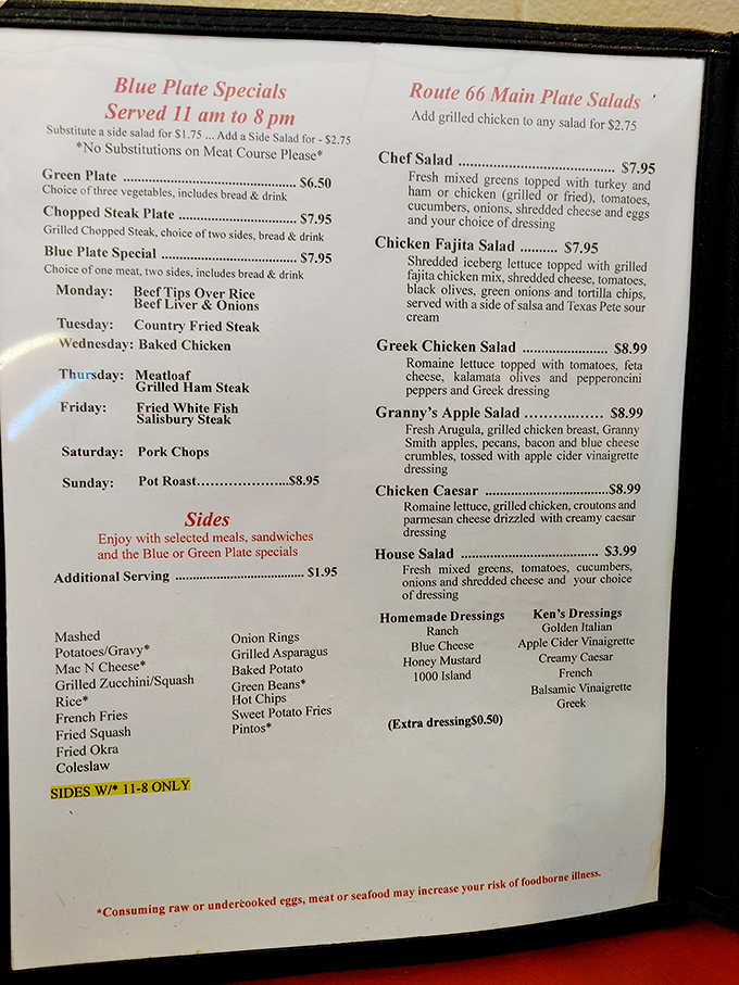 This menu isn't just food&mdash;it's a roadmap to comfort. Blue plate specials change daily, but satisfaction is guaranteed seven days a week.