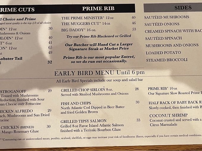 A menu that doesn't need fancy fonts or flowery descriptions&mdash;just the straightforward promise of "Prime Rib is our most popular Entr&eacute;e." Truth in advertising lives!