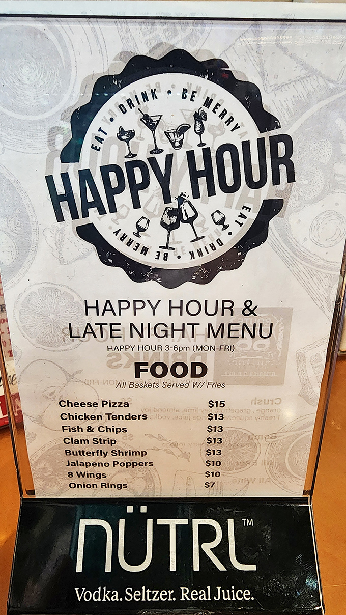 The happy hour menu promises all the greatest hits of American comfort food. "Eat, drink, be merry" isn't just a suggestion&mdash;it's practically the house motto.