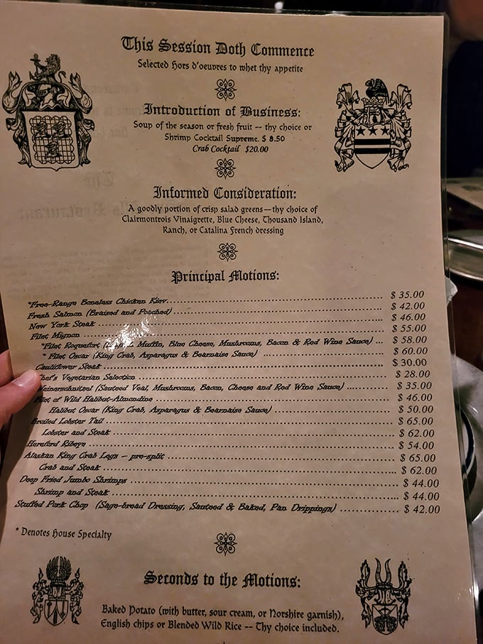 A menu that doesn't just list food—it proclaims it with medieval flair. "This Session Doth Commence" beats "appetizers" any day of the week.